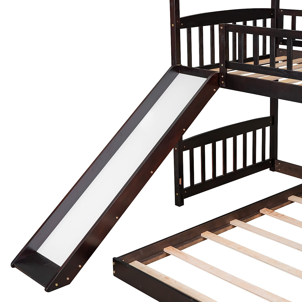 BIADNBZ L-Shaped House Bunk Bed, Twin Over Twin Size Beds with Slide and Roof, Wood Floor Bunkbed Frame, Space-Saving Design, Espresso