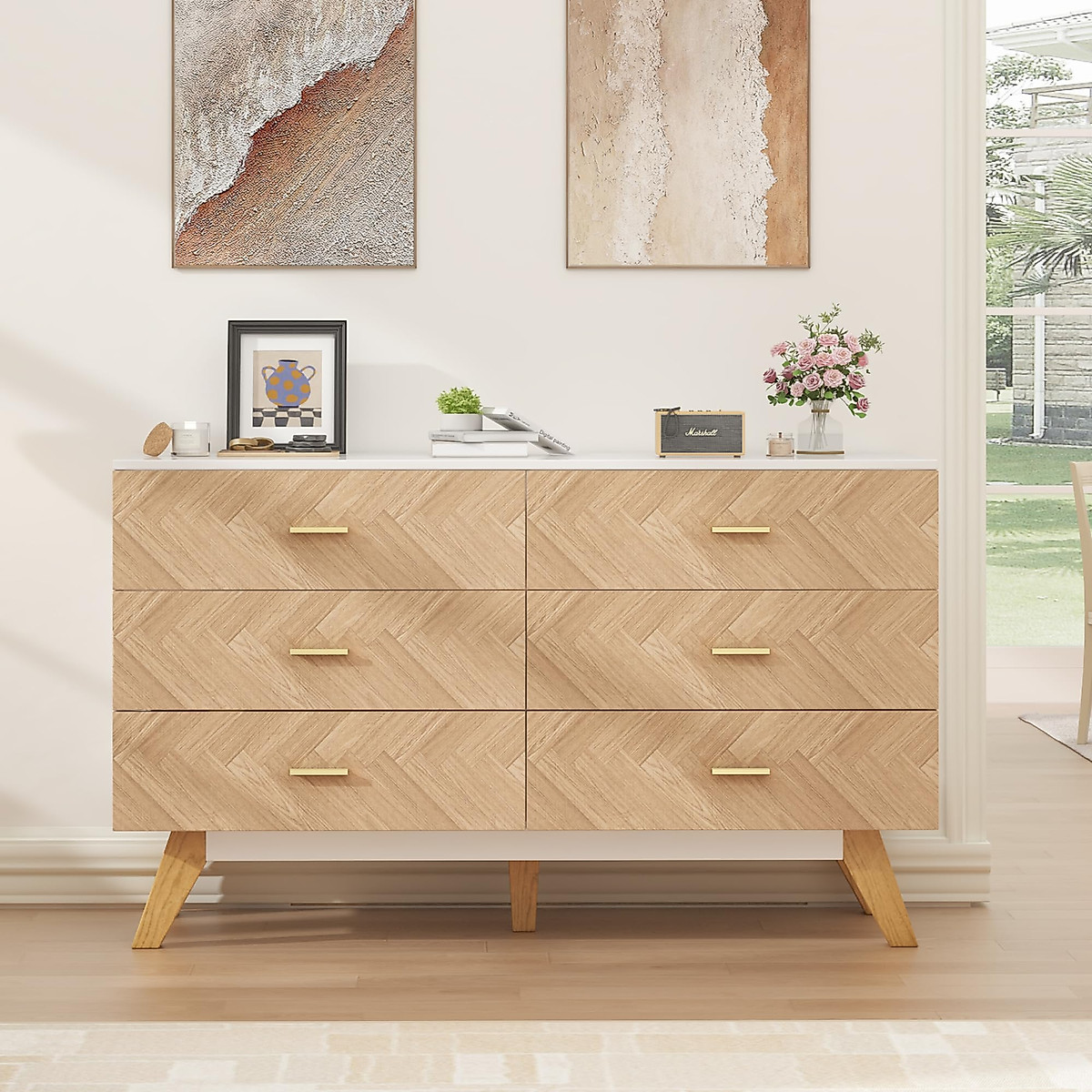 EazeHome 6 Drawers Dresser, Wooden Double Dresser with Large Organizer, Dresser TV Stand for Bedroom, 47.2” Wide Chest of Drawers for Closet, Dressing Room, Hallway(White&Oak)