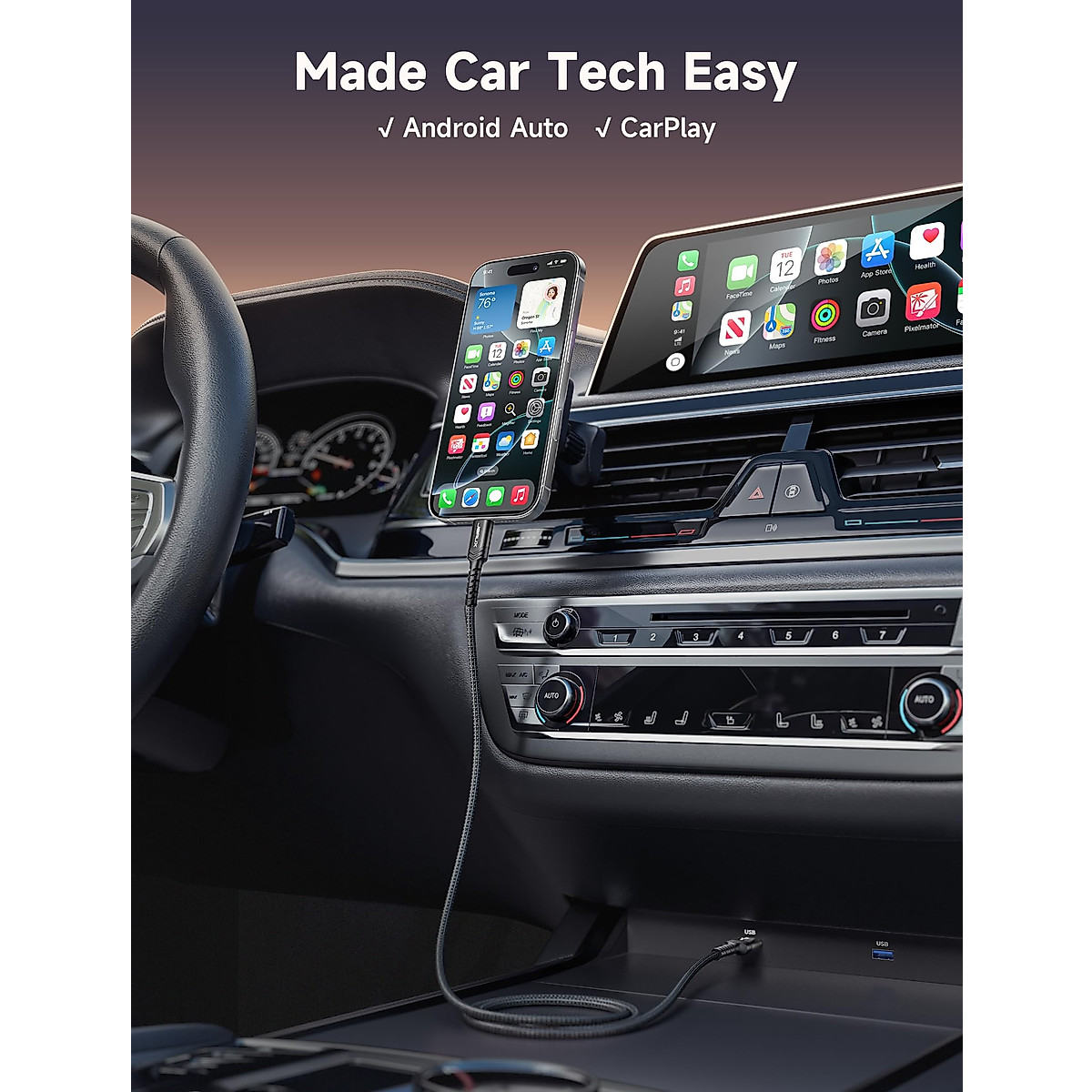 JSAUX USB C Cable [2-Pack 6.6ft], USB A to USB Cord 3.1A Fast Charging Compatible with iPhone 16/16 Plus/16 Pro/16 Pro Max/iPhone 16e/iPhone 15 Series, Samsung S20 S10 S9, Note 20 10, Car Play -Black