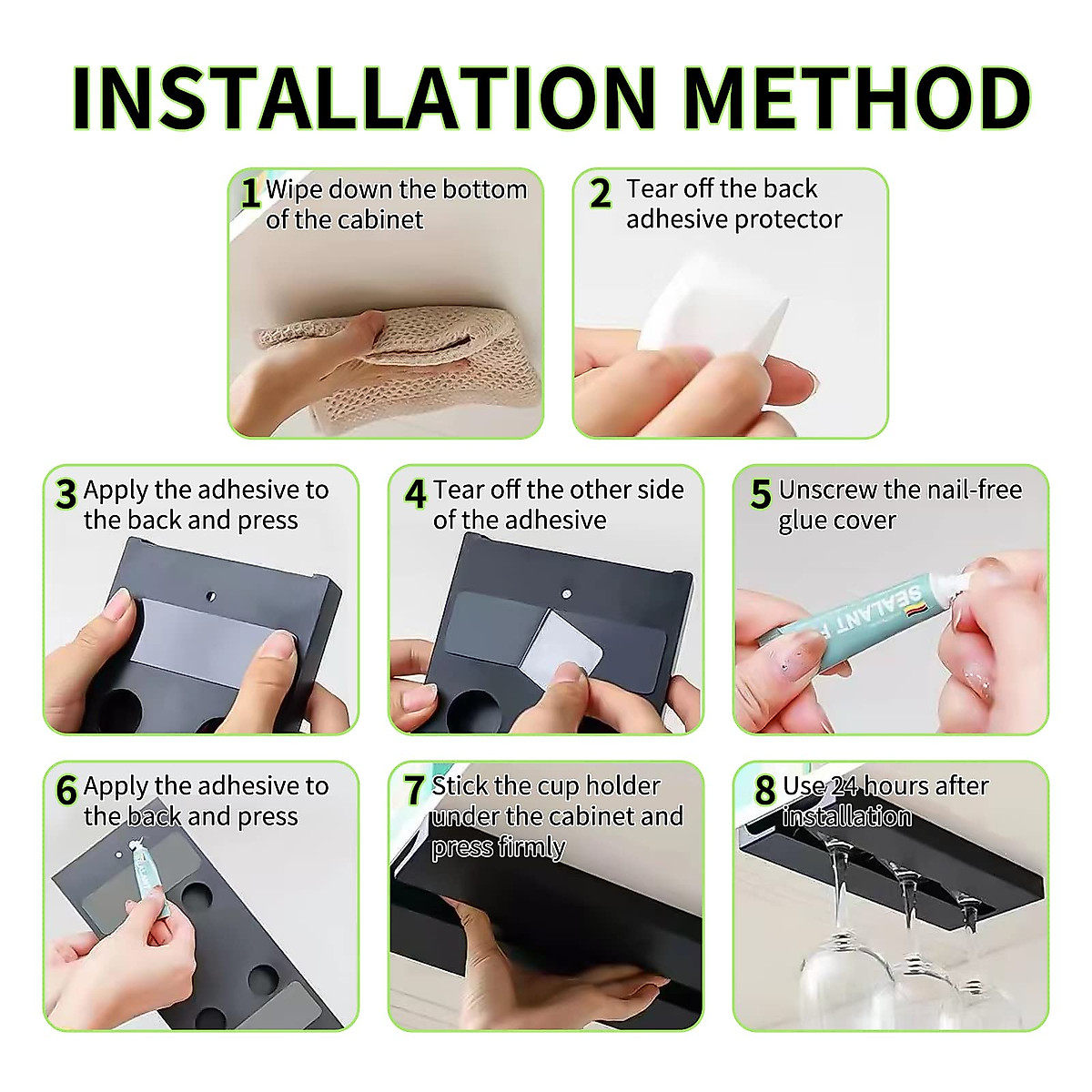 AQJUNONG 2 Pack Wine Glass Rack - Punch-free Under Cabinet Stemware Wine Glass Holder Glasses Storage Hanger plastic Organizer for Bar Punch-free self-adhesive（White）