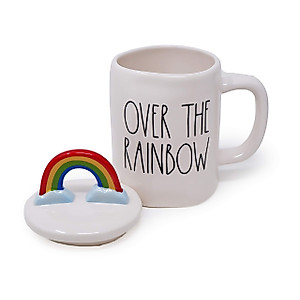 Rae Dunn Artisan llection OVER THE RAINBOW Glossy White ffee Tea Mug with Rainbow Clouds Topper,Green, White,7.25 H X 3.75 D x 5.5 Across luding handle