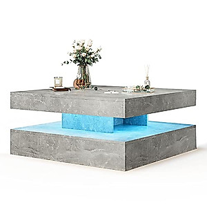 HedoAjim LED Coffee Table for Living Room, Living Room Table 2-Tier Square Middle Center Table, Modern Coffee Tables with Storage, Contemporary Wood Tea Tables for Dining Reception, Grey