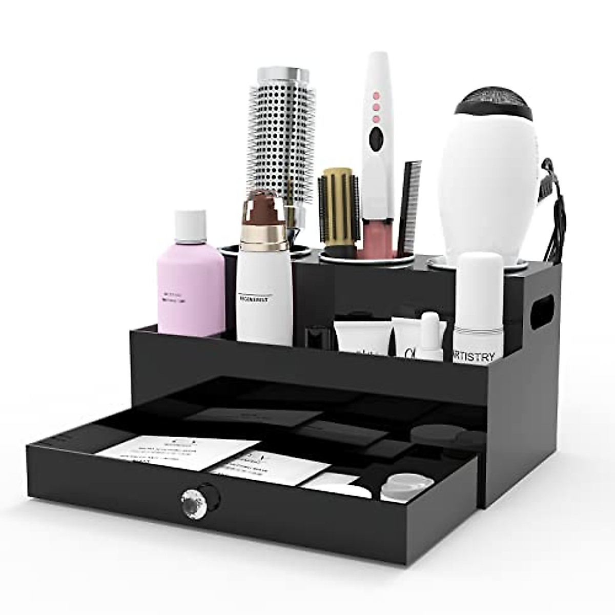 Hair Tool Organizer, ILYXY Acrylic Hair Dryer Holder with Large Space Drawer, Hair Organizer Storage with 3 Stainless Steel Cups, Shiny Black Hot Tools Organizer Vanity Caddy Storage