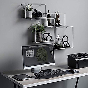KAO Mart Wall Mounted Rustic Iron and Wood Intersecting Unique Floating Shelves Wood (4, White)