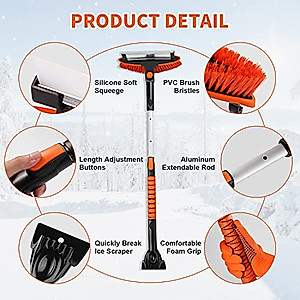 Epltion 57″ Expandable Snow Brush and Ice Scraper, 4 in 1 Ice Scraper for Car Windshield, 270° Pivoting Snow Brush Head with Squeegee and Foam Grip, Snow Removal Tool for Christmas SUV Truck (Orange)