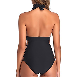 Tempt Me Women One Piece Swimsuits Sexy Cutout Bathing Suits Plunge Halter Swimwear Deep V Neck Monokini L Black