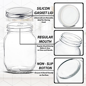 Glass Regular Mouth Mason Jars, 16 oz Clear Glass Jars with Silver Metal Lids for Sealing, Canning Jars for Food Storage, Overnight Oats, Dry Food, Snacks, Candies, DIY Projects (4 PACK)