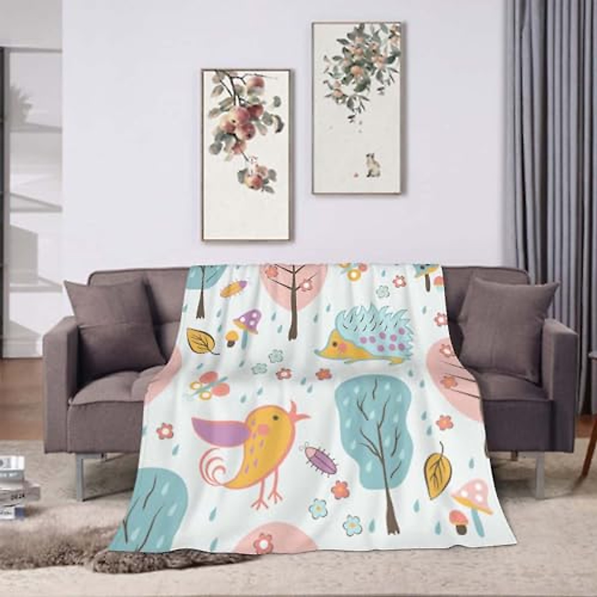 Throw Blanket 30x40 Inch,Bird Abstract Flower Summer Flannel Soft Cozy Fluffy Throw Blankets and Warm Throws for Adults in Couch Sofa Bed 40x30 Inch