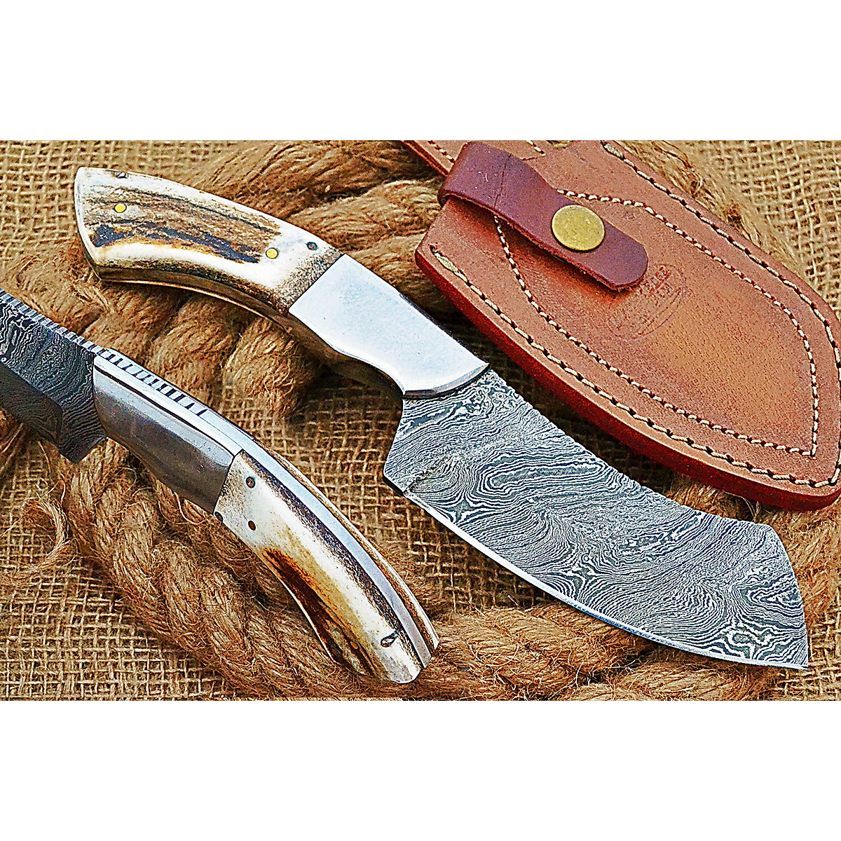 HUNTEX Handmade Hand-Forged Twist Pattern Damascus Steel 9 Inch Long Full Tang Natural Deer Antler Handle Razor Sharp Hunting Camping Cleaver Knife w/Genuine Leather Sheath