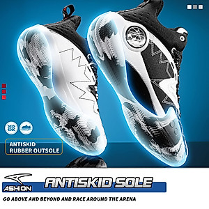 ASHION Boys Shoes Youth Air Cushion Sneakers Kids Basketball Running Sport Shoes Girls Mid Top School Training (Little Kid/Big Kid), Black White 5