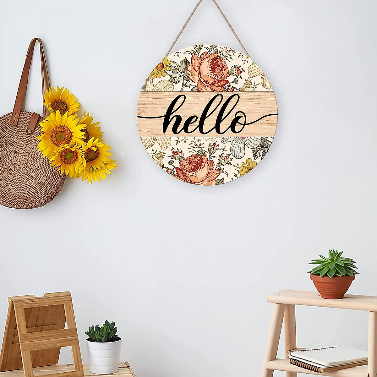 FWIEXA Vintage Hello Sign for Front Door, Boho Hello Spring Door Sign with Flowers, Colorful Floral Welcome Wooden Hanging Sign Decor for Entryway Front Porch Yard (12"x 12")