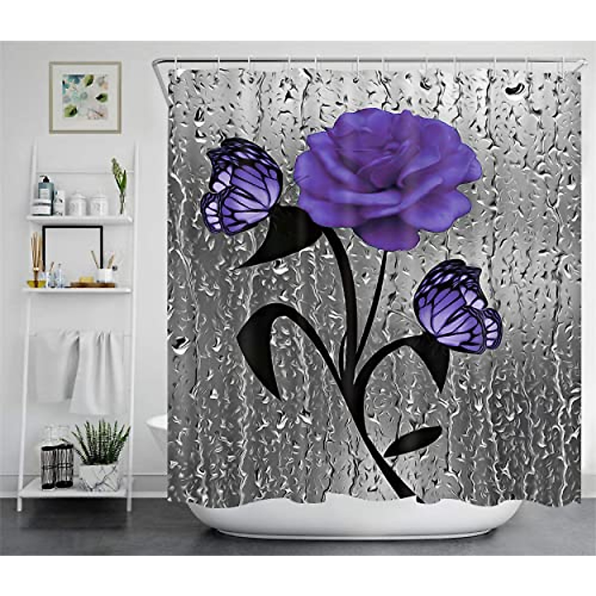 Floral Shower Curtains Butterfly Purple Rose Bathroom Shower Curtain with Non-Slip Rugs and Toilet Lid Cover Durable Bathroom Sets Medium Size