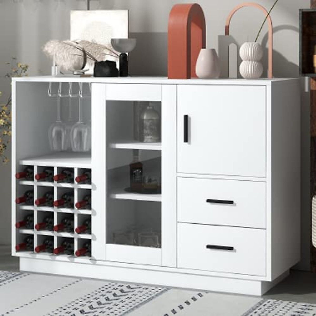 P PURLOVE 47 Inch Sideboard Buffet Server Storage Cabinet with Glass Sliding Door and Integrated 16 Bar Wine Compartment, Wineglass Holders for Kitchen Dining Room Furniture