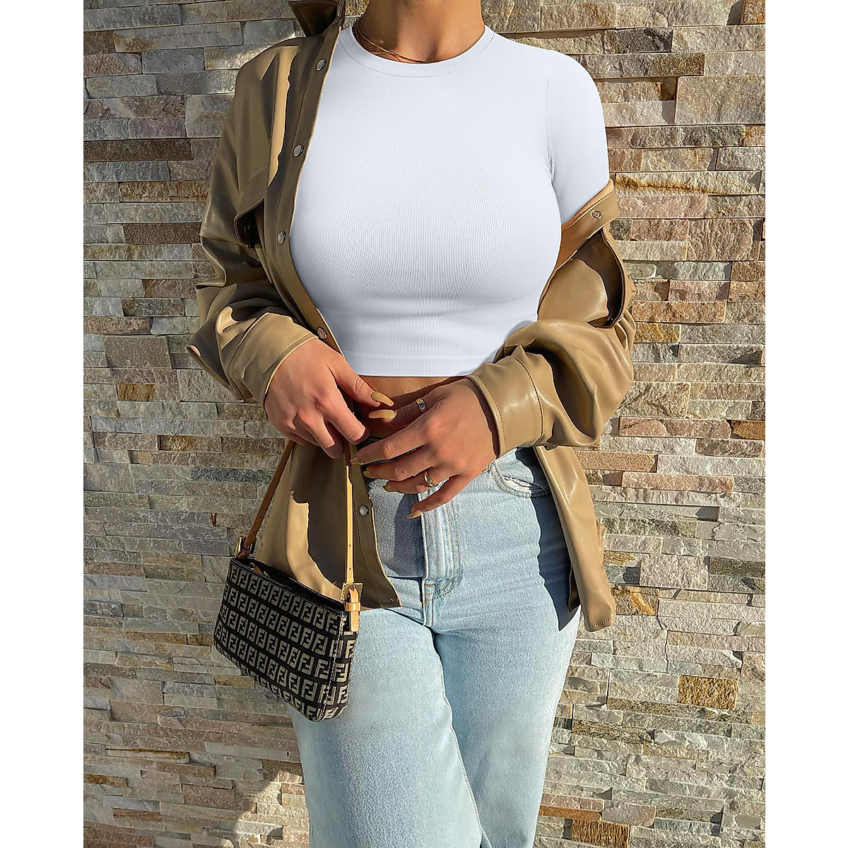 OQQ Women 3 Piece Crop Tops Long Sleeve Crew Neck Stretch Fitted Underscrubs Shirts Crop Tops Black White Candypink