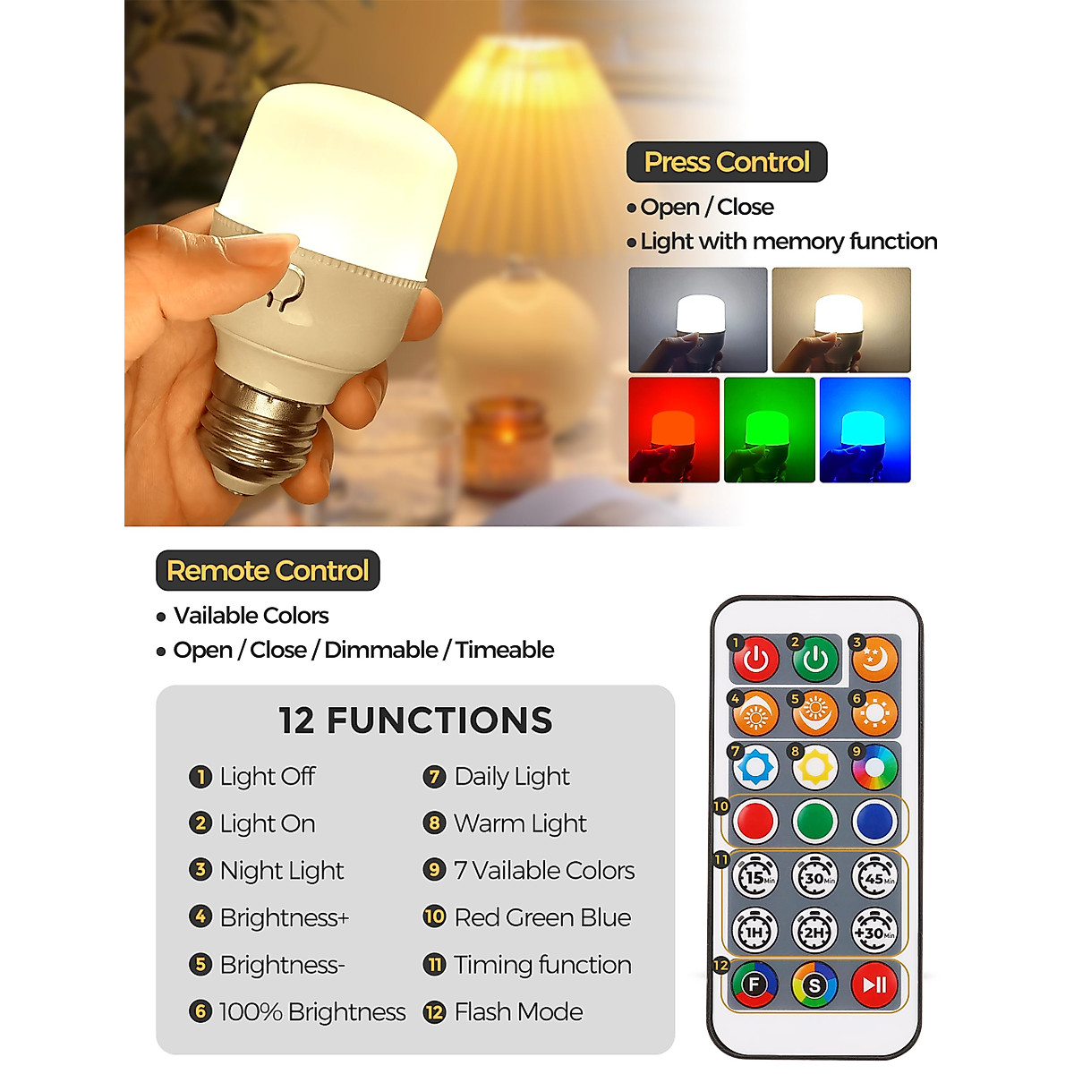 Fulighture 2 Pack Wireless Rechargeable Light Bulbs, E26 Battery Operated Light Bulb with Remote Control, Type-C Charging, RGB + Warm/Cool White, Perfect for Areas Without Hardwiring