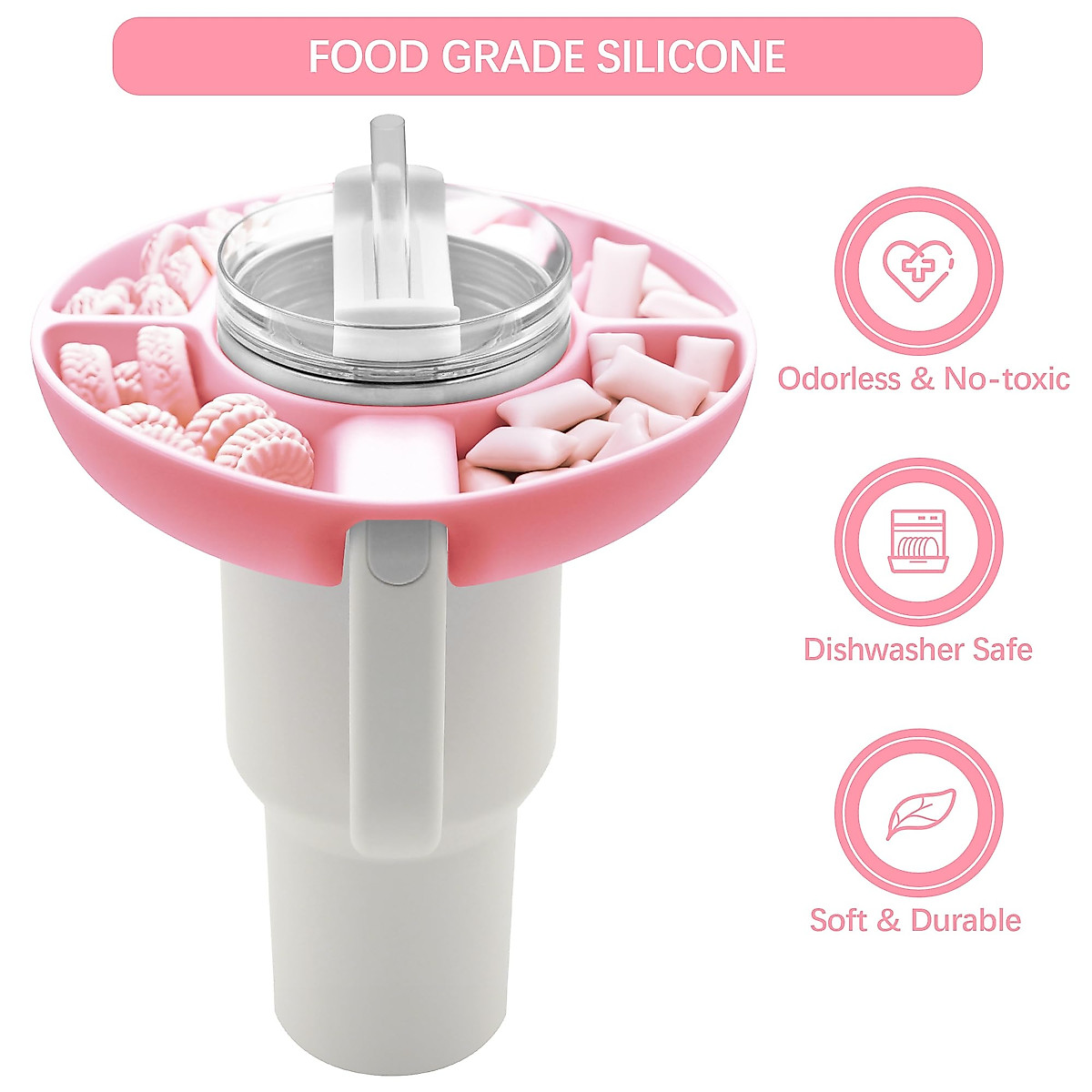 Snack Bowl for Stanley Cup, Silicone Snack Tray Compatible with Stanley Cup Quencher 1.0/2.0 40 oz Tumbler with Handle, Reusable Snack Ring for Home, Snack Container for Stanley Cup Accessories, Pink