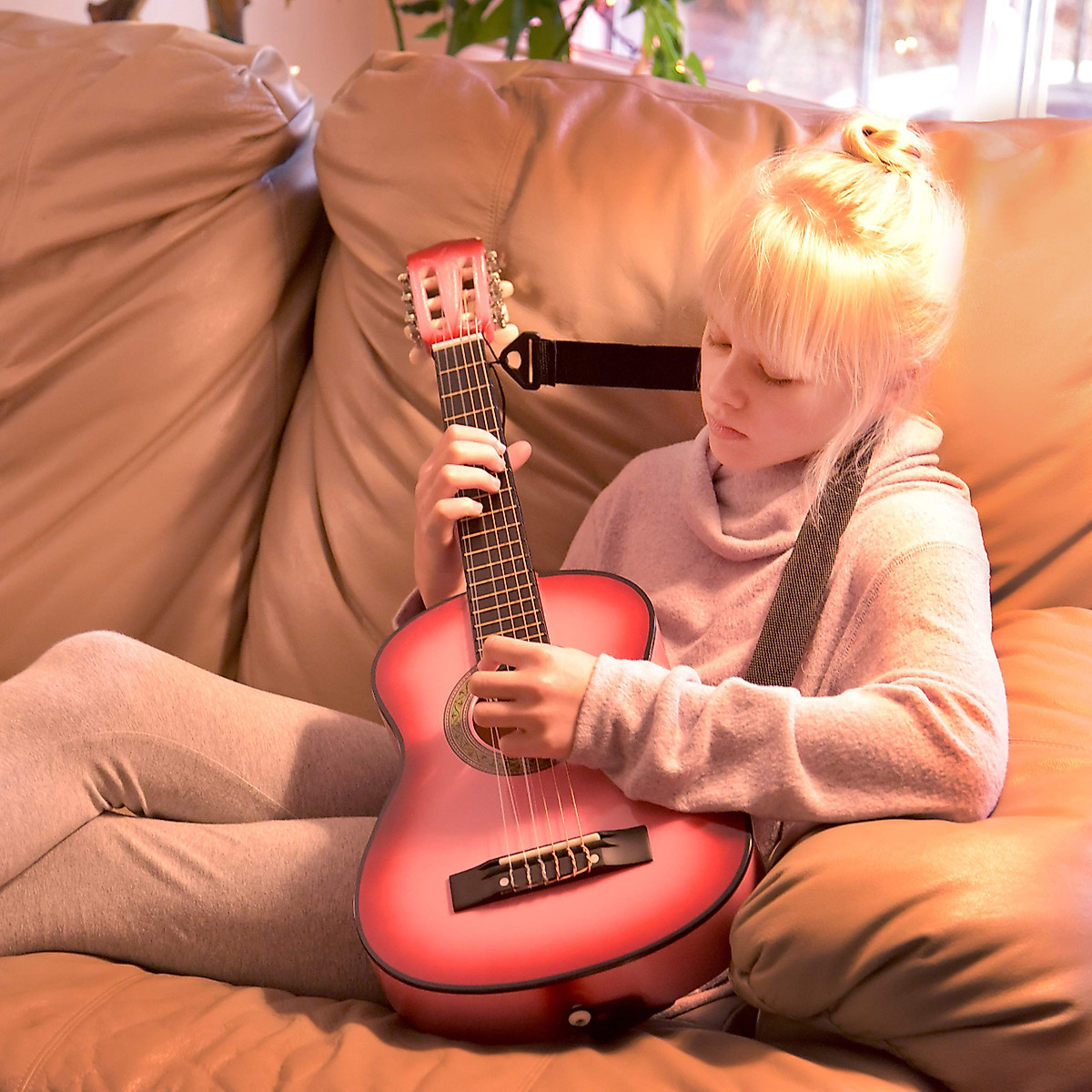30" Left Handed Wood Guitar with Case and Accessories for Kids/Girls/Boys/Teens/Beginners (Pink Gradient)