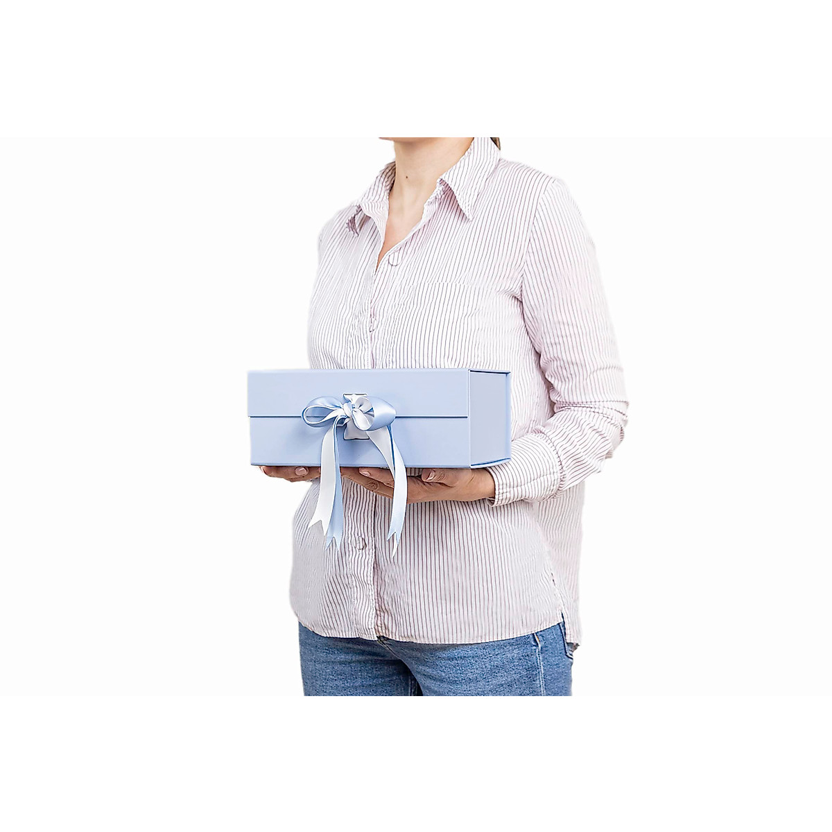 Blue Box 6.4'x 8.8'x 3.74' with Magnetic Lid, 2 Ribbons and Thank you Stickers for Groomsman, Wedding, Christmas, Halloween, Birthday, Fathers Day