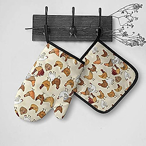 A Brood of Chickens Oven Mitts and Pot Holders Sets,Heat Resistant Non Slip Kitchen Gloves Hot Pads with Inner Cotton Layer for Cooking BBQ Baking Grilling