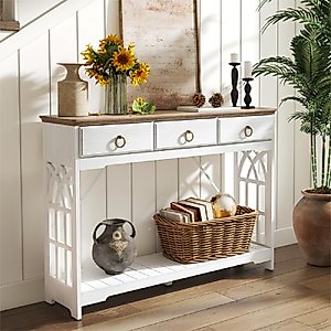 funitydg,43" Console Tables for Entryway with Drawers, Farmhouse Entryway Table with Shelf, Narrow Long Entry Table with Solid Wood Legs, Rustic Vintage Sofa Foyer Tables for Entryway, White