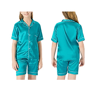 Topgal Big Girls Pajamas Size 10 – Lovely Teal Satin Short Sleeve & Shorts PJ Set Sleepwear