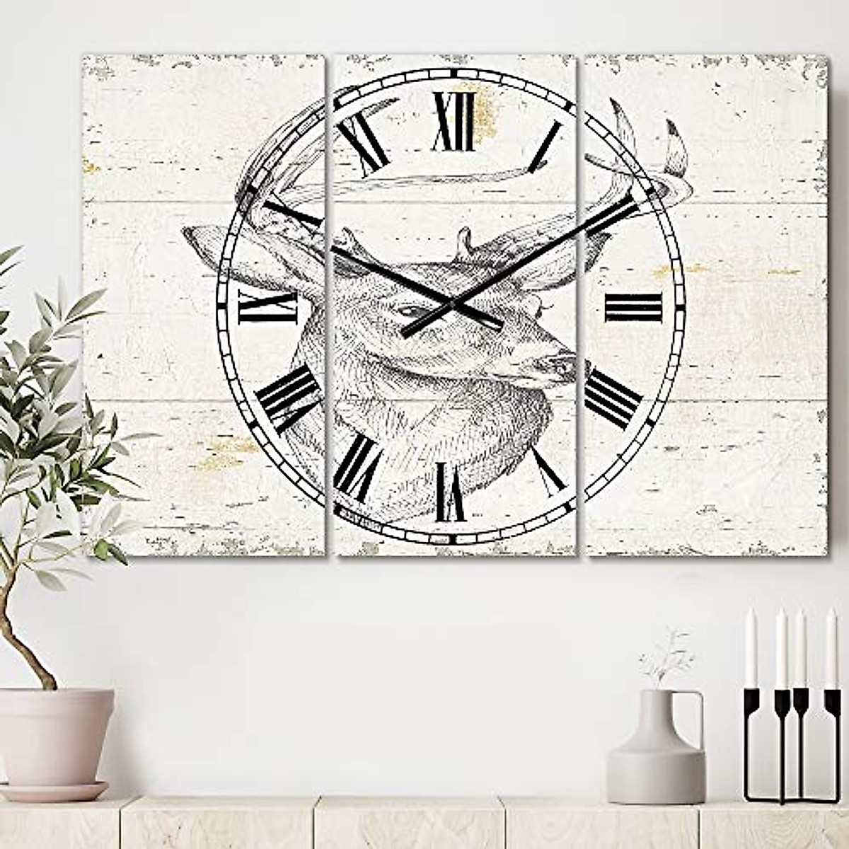 MISC Deer Wild and Beautiful Ii' Cottage 3 Panels Oversized Wall Clock - 36 in. Wide X 28 High Panels Grey Aluminum Steel Finish Battery Included