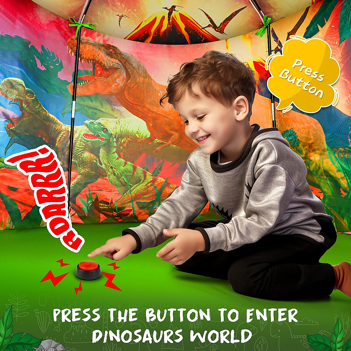 HopeRock Dinosaur Kids Tent with Roar Button, Kids Play Tent with Dinosaur Toys for Boys & Girls Kids Pop Up Tent for Boys, Kids Indoor Tents Birthday Chirstmas Gifts for 3 4 5 6 7+ Years Old Boys