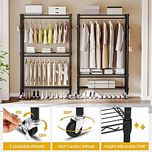 DWVO Rolling Clothes Rack with Wheels, Heavy Duty Garment Rack with 3 Tiers Adjustable Wire Shelving, Portable Clothing Rack for Cloakroom Bedroom Laundry Storage Organizer, Black