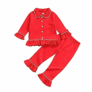 Rtnnsbbfcm Pajama Set for Kid Baby Boy Girl Button-up Cotton Pajama Sleepwear Nightwear Loungewear Clothes Set (B2 Red, 2-3 Years)