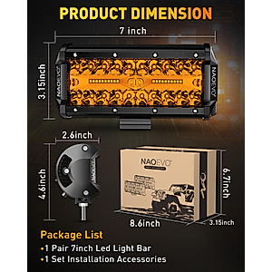 NAOEVO 7 inch Amber LED Light Bar, 240W 24,000LM Offroad Fog/Driving Lights LED Pods with Spot Flood Combo Beam, Waterproof LED Work Lights for Truck Boat UTV ATV, 2 Pack (Amber)