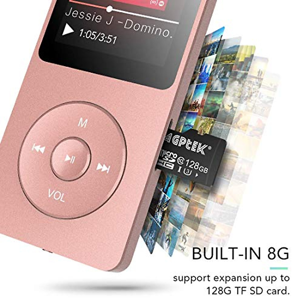 AGPTEK A02 MP3 Player with Bluetooth 5.3, 1.8 inch Screen Portable Music Player with Speaker, FM Radio, Voice Recorder, Supports Expanded Up to 128GB(Rose Gold, 8GB)