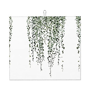 Green Plants Printed Drying Mat For Kitchen Ultra Absorbent Microfiber Dishes Drainer Mats Non-Slip Silicone Quick Dry Pad - 18 X 16inch