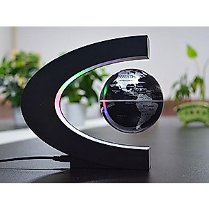 Senders Floating Globe with LED Lights C Shape Magnetic Levitation Floating Globe World Map for Desk Decoration (Black-Silver)