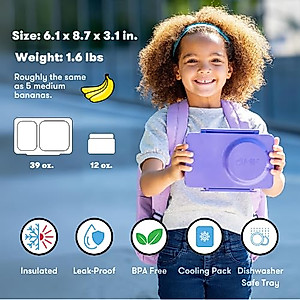 Omie OmieBox UP bento box for kids | Insulated lunch box | Leak proof thermos food jar | Cooler ice pack | 2 Compartments (Galaxy Purple)