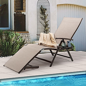 Kozyard 1 Pack Cozy Aluminum Reclining Lounge Chair - Perfect for Beach, Yard, Pool, Deck, and Patio - Outdoor Chaise Lounge with Drink Holder, Weather Free, Adjustable - Assemble-Free (Beige)