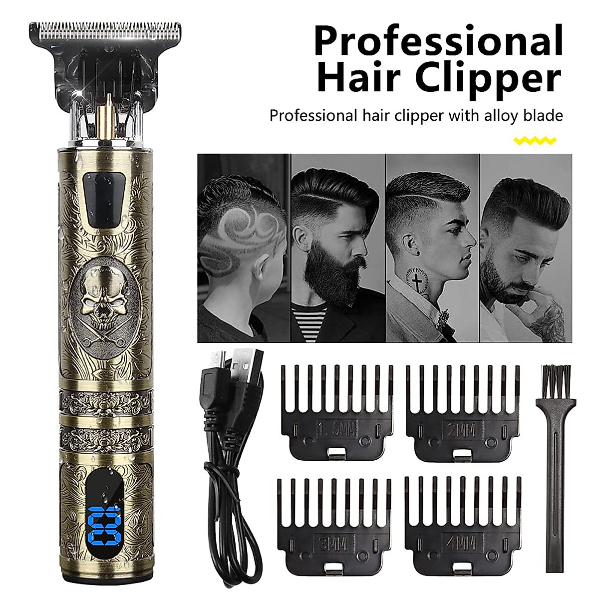 Professional Hair Trimmer for Men Cordless Hair Clippers LCD display Zero Gapped T Blade Rechargeable Multifunctional for Barber Family LCD-Skull-bronze