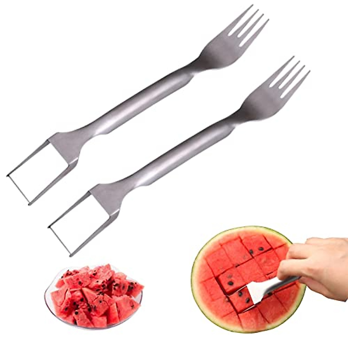 2PCS Watermelon Fork Slicer Cutter, Dual Head Stainless Steel Fruit Forks Slicer Knife for Family Parties Camping