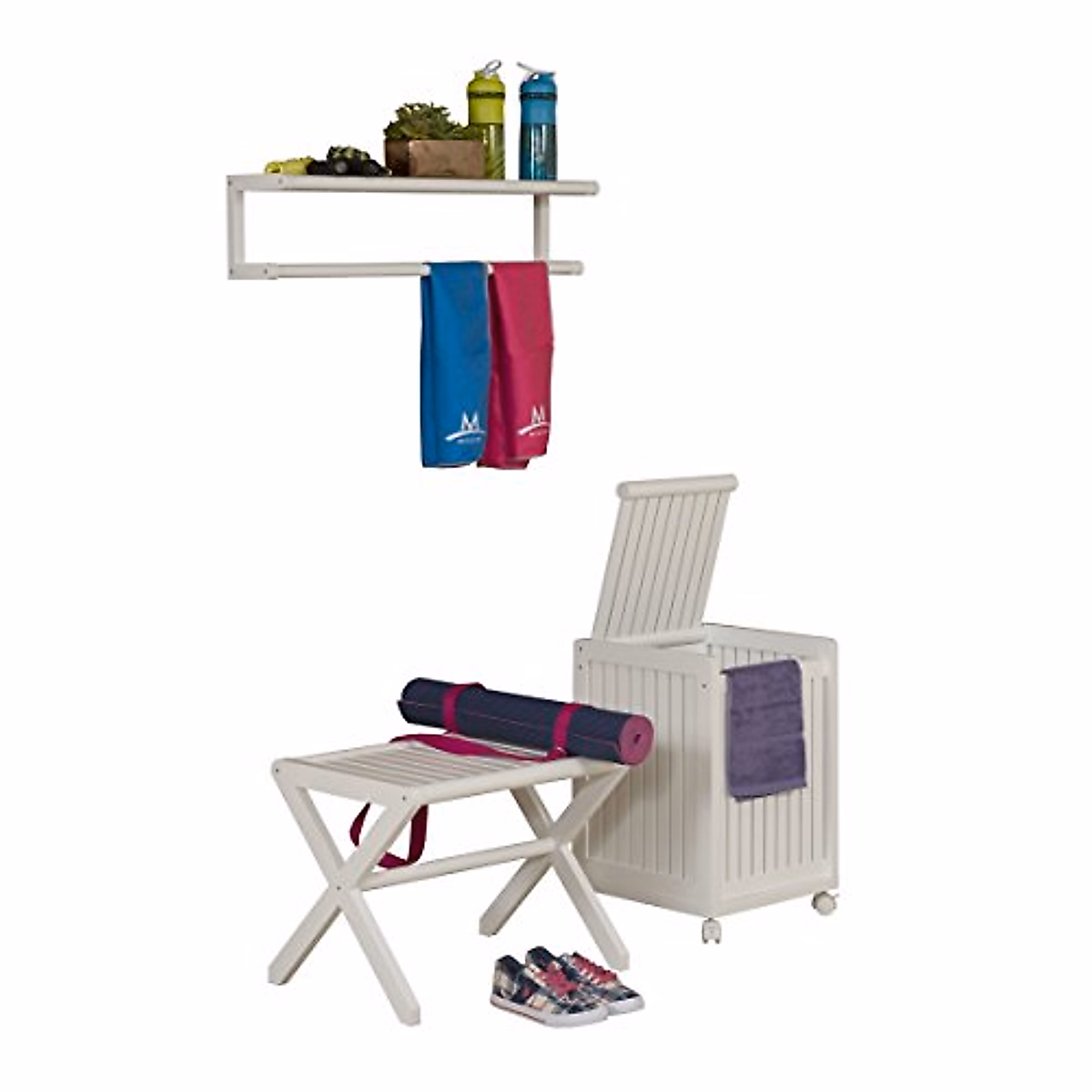 New Ridge Home Goods Abingdon Solid Birch Wood Mobile Hamper with Lid, Medium, White