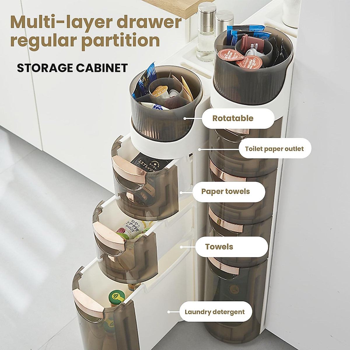 Slim Bathroom Storage Cabinet 【3-Tiers No-Assembly】17cm Narrow Bathroom Floor Cabinet with Wheels Toilet Paper Holder, Multifunctional Storage, Waterproof, Perfect For Small Spaces and Gaps White 1PCS