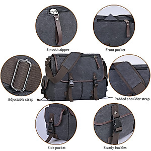 Vintage Canvas 15.6 inch Laptop Messenger Bag for Men Women, College Computer Satchel Shoulder Bag Travel Work Office Briefcases (Black)