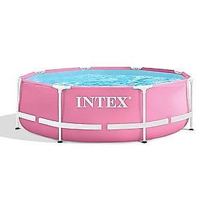 Intex 28290EH 8 Feet by 30 Inches Easy to Assemble Large Round Metal Frame Above Ground Swimming Pool with Dual Suction Outlet Fittings, Pink