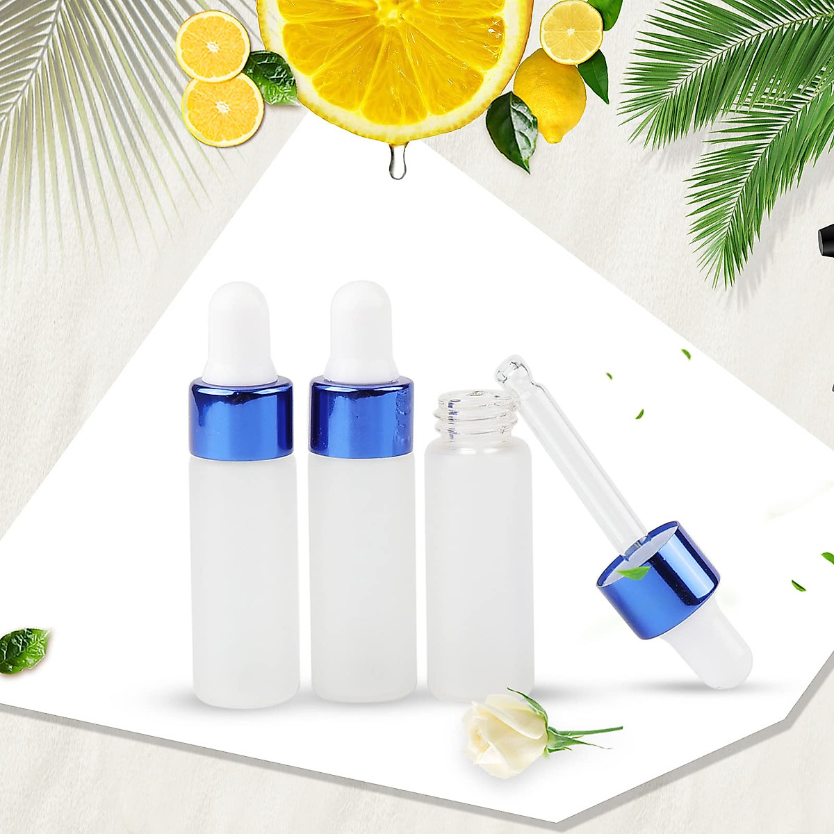 Kesell 50 Pack Dropper Bottles 5ml Frosted Glass Sample Bottles Refillable Essential Oil Dropper Bottle Perfume Cosmetic Liquid Sample Bottle with 3 Funnels, Blue Cap