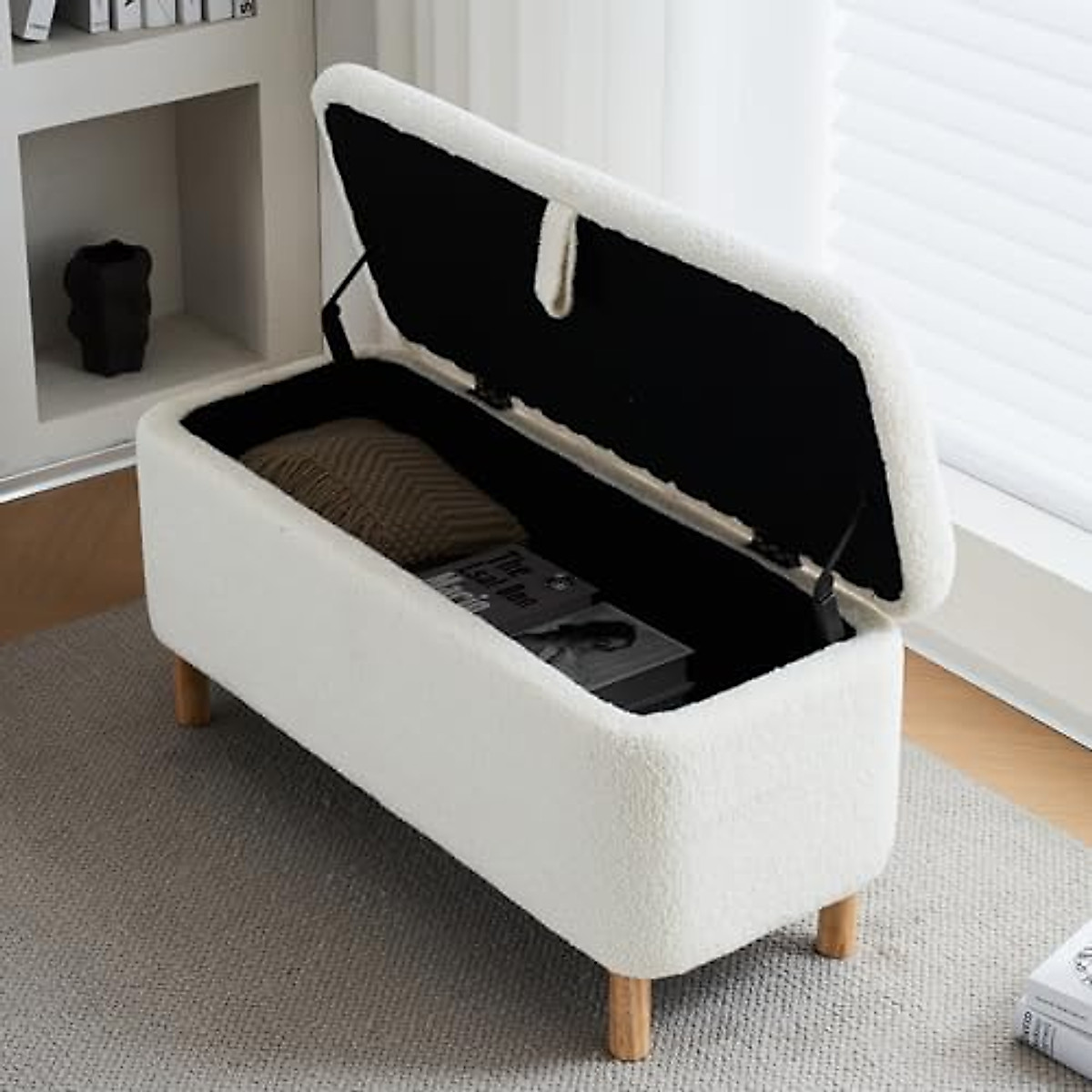 Boucle Storage Ottoman Bench for Bedroom end of Bed, Sherpa Upholstered Shoe Seat Storage Beach for Entryway Bed Foot, Rectangle Cushion Padded Blanket Chest Cute for Living Room, White