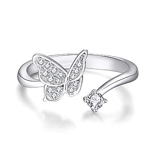 JO WISDOM Women Ring,925 Sterling Silver AAA Cubic Zirconia Butterfly Promise Wedding Engagement Open Rings Adjustable for Women size 5