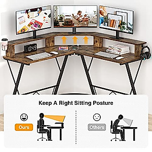 Mr IRONSTONE L Shaped Desk with Power Outlet 50" Computer Desk with Large Monitor Stand, Corner Desk Home Office Workstation Desks, Modern Simple Style Writing Table Desk