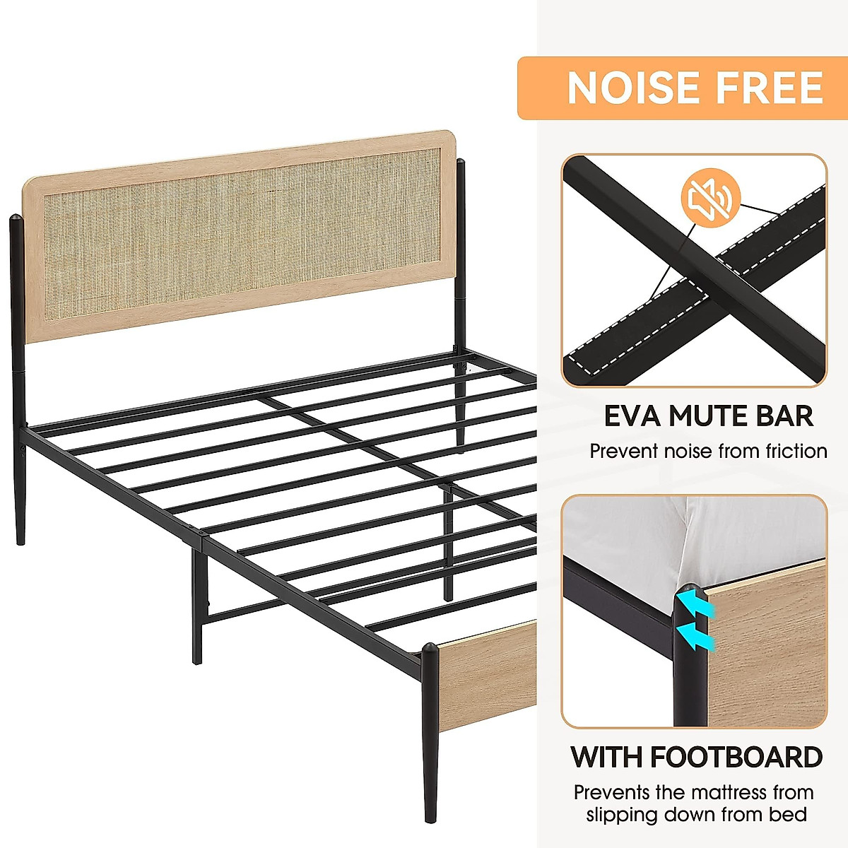 GarveeHome Queen Size Bed Frame with Rattan Headboard, Rattan Queen Platform Bed Boho Style with Strong Metal Slats Support, Under Bed Storage, Noise-Free, No Box Spring Needed, Light Oak