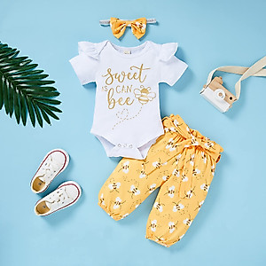GRNSHTS Infant Baby Girl bumble bee clothes Letter Print Romper Honey Bees Pants Bowknot Headband Outfits Set（Yellow 2, 3-6 Months