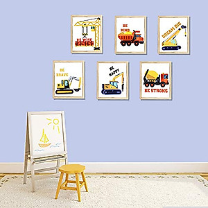 OOTSR 6 PCS Construction Trucks Wall Art Print, Inspirational Quote Canvas Print for Boys Game Room Decor, Playroom, Rec Room Poster, Vehicle Prints,(Unframed, 20 X 25CM)