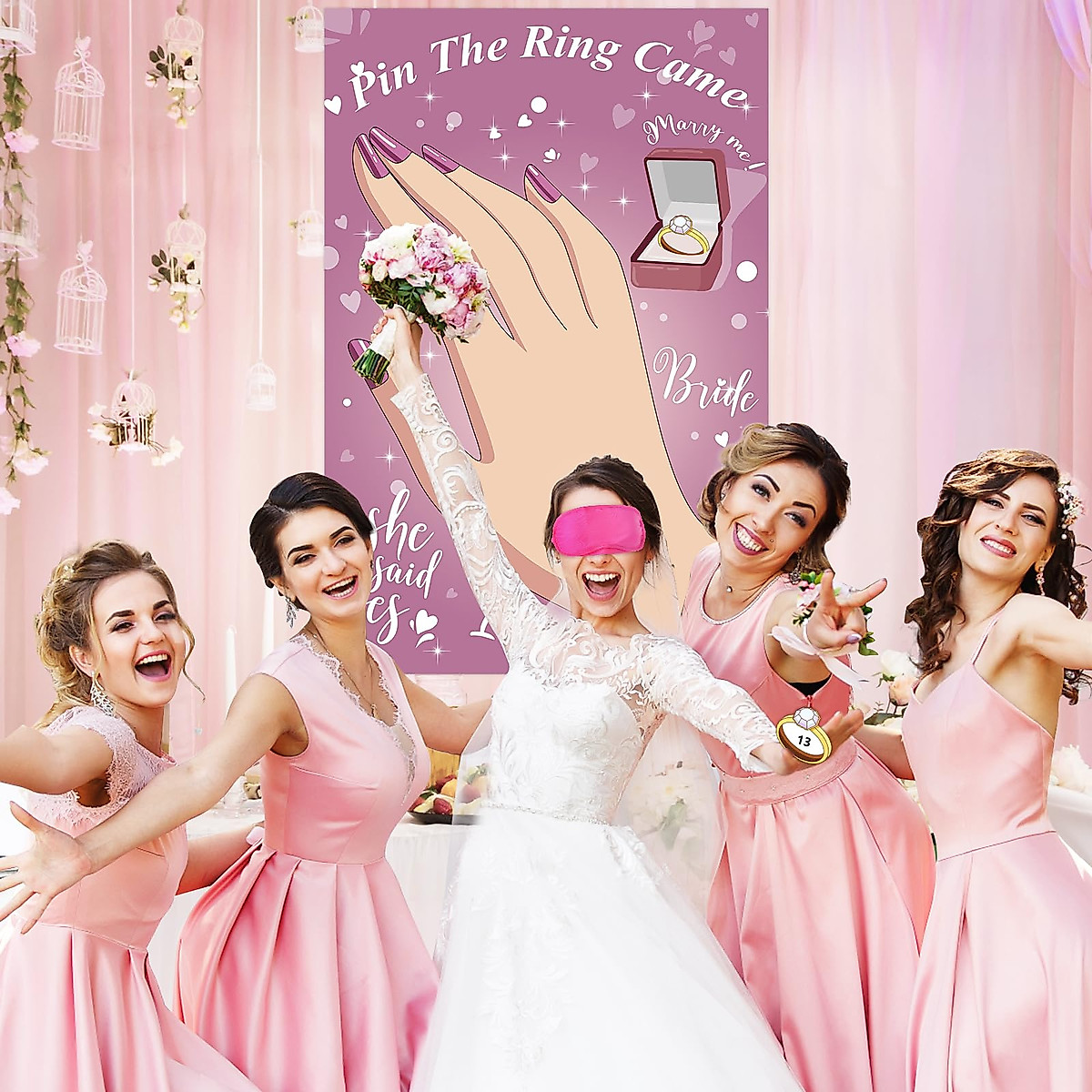 Pin The Ring on The Bride Game Bridal Shower Games, Large Bridal Games Poster with 48 Stickers for Wedding Shower Bachelorette Party Games Girls Night Engagement Bachelorette Party Decorations