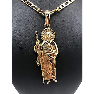 Fran & Co. Jewelry Gold Plated Big Saint Jude Pendant Necklace Figaro 26" San Judas Tadeo Medalla XL Cadena Oro